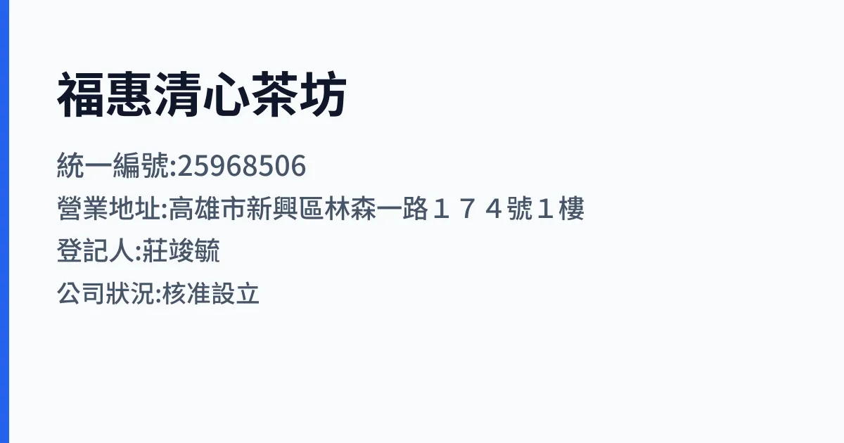 福惠清心茶坊 - 統編 25968506(高雄市) 公司登記資料與營業項目詳細圖表