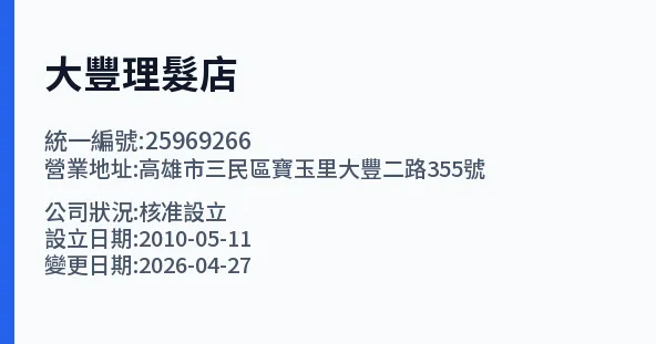 大豐理髮店的照片-統編 25969266(高雄市) 公司登記資料與營業項目詳細圖表