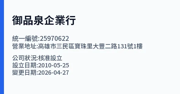 御品泉企業行的照片-統編 25970622(高雄市) 公司登記資料與營業項目詳細圖表