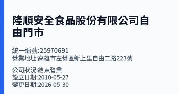隆順安全食品股份有限公司自由門市的照片-統編 25970691(高雄市) 公司登記資料與營業項目詳細圖表