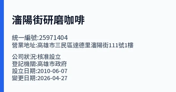 瀋陽街研磨咖啡的照片-統編 25971404(高雄市) 公司登記資料與營業項目詳細圖表