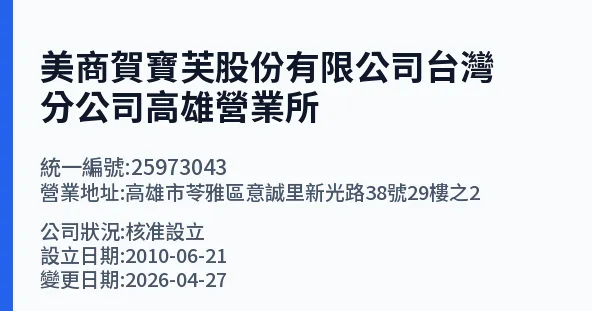 美商賀寶芙股份有限公司台灣分公司高雄營業所的照片-統編 25973043(高雄市) 公司登記資料與營業項目詳細圖表