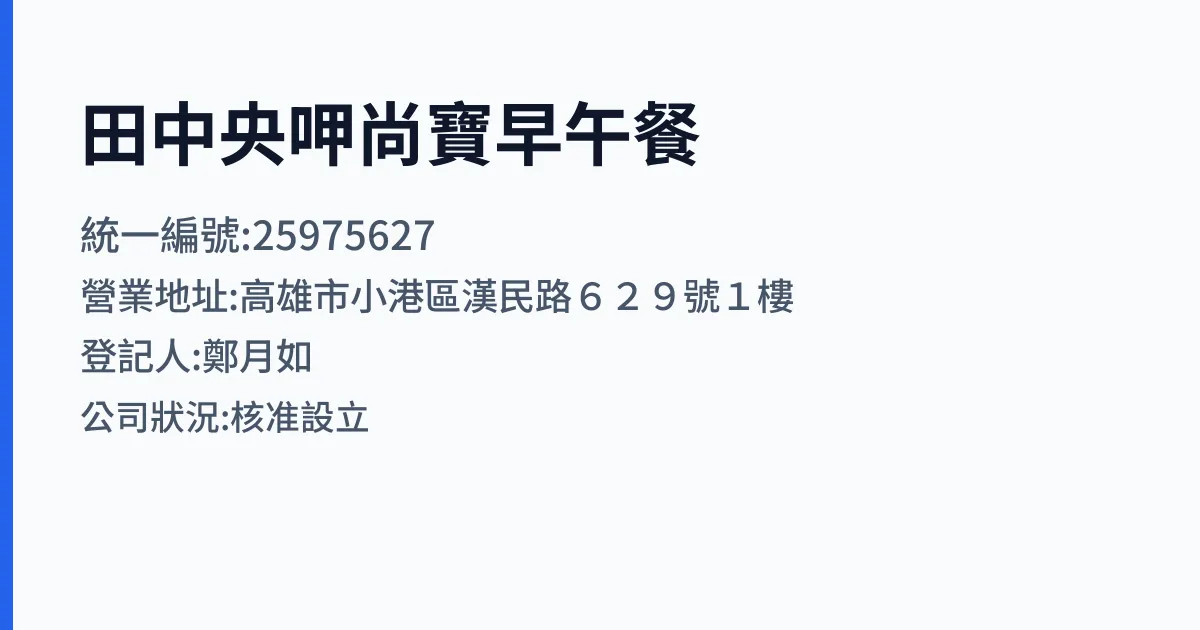 田中央呷尚寶早午餐 - 統編 25975627(高雄市) 公司登記資料與營業項目詳細圖表