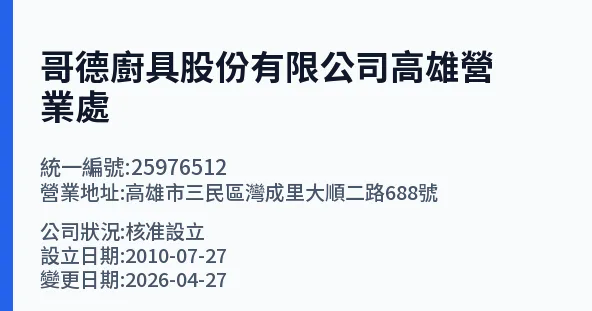 哥德廚具股份有限公司高雄營業處的照片-統編 25976512(高雄市) 公司登記資料與營業項目詳細圖表