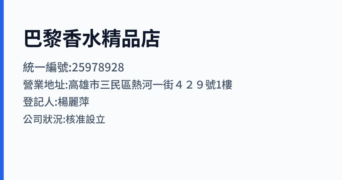 巴黎香水精品店 - 統編 25978928(高雄市) 公司登記資料與營業項目詳細圖表