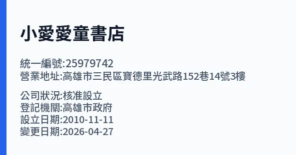 小愛愛童書店的照片-統編 25979742(高雄市) 公司登記資料與營業項目詳細圖表