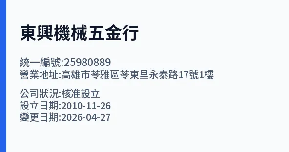 東興機械五金行的照片-統編 25980889(高雄市) 公司登記資料與營業項目詳細圖表