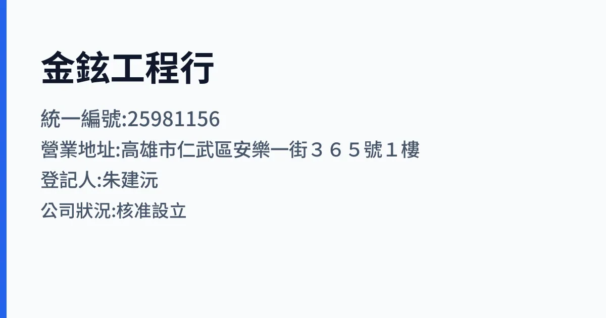 金鉉工程行 - 統編 25981156(高雄市) 公司登記資料與營業項目詳細圖表