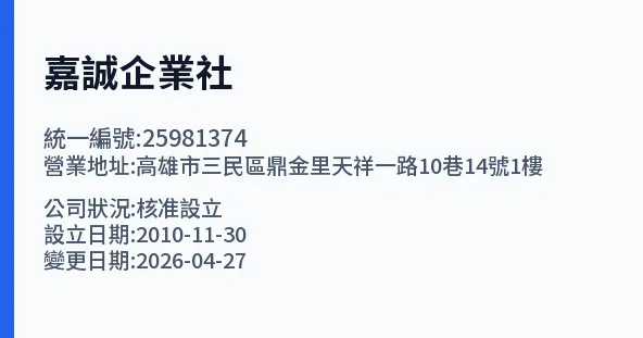 嘉誠企業社的照片-統編 25981374(高雄市) 公司登記資料與營業項目詳細圖表