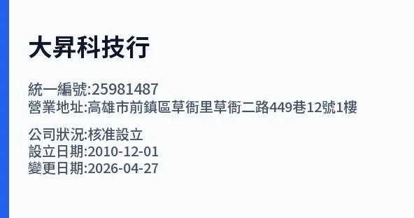 大昇科技行的照片-統編 25981487(高雄市) 公司登記資料與營業項目詳細圖表