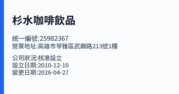 杉水咖啡飲品的照片-統編 25982367(高雄市) 公司登記資料與營業項目詳細圖表