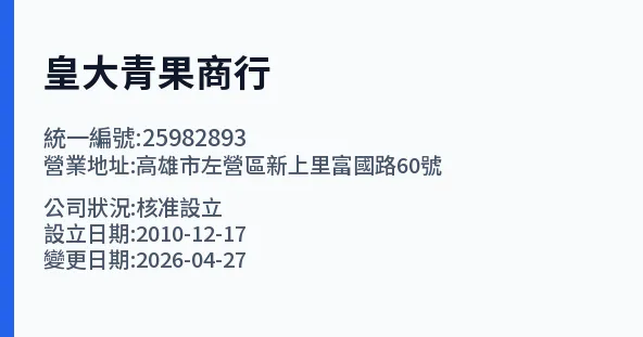 皇大青果商行的照片-統編 25982893(高雄市) 公司登記資料與營業項目詳細圖表