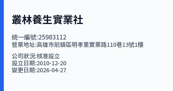 叢林養生實業社的照片-統編 25983112(高雄市) 公司登記資料與營業項目詳細圖表