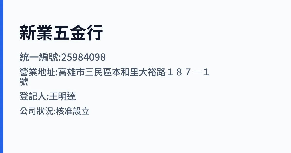 新業五金行 - 統編 25984098(高雄市) 公司登記資料與營業項目詳細圖表