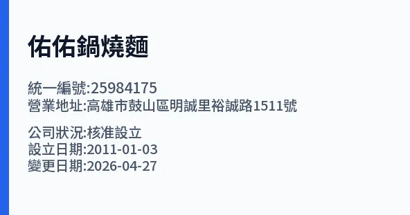 佑佑鍋燒麵的照片-統編 25984175(高雄市) 公司登記資料與營業項目詳細圖表