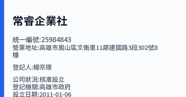常睿企業社的照片-統編 25984843(高雄市) 公司登記資料與營業項目詳細圖表
