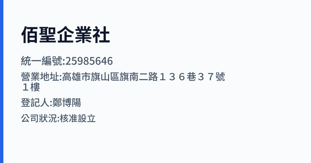 佰聖企業社 - 統編 25985646(高雄市) 公司登記資料與營業項目詳細圖表