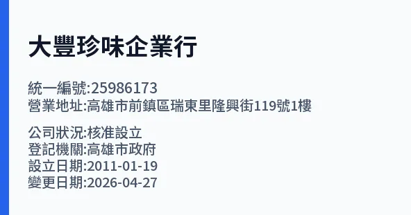 大豐珍味企業行的照片-統編 25986173(高雄市) 公司登記資料與營業項目詳細圖表