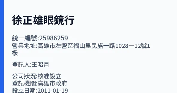 徐正雄眼鏡行的照片-統編 25986259(高雄市) 公司登記資料與營業項目詳細圖表