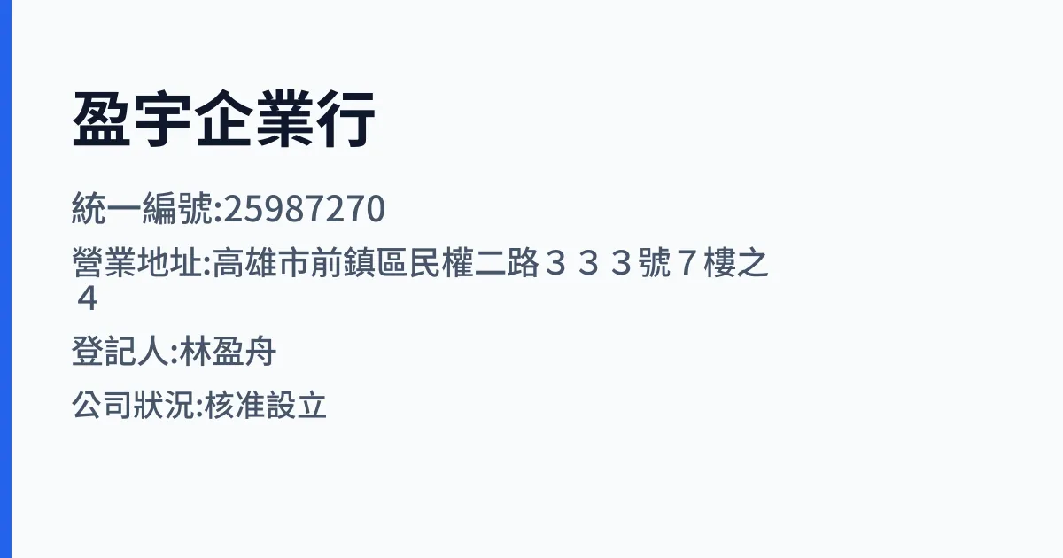盈宇企業行 - 統編 25987270(高雄市) 公司登記資料與營業項目詳細圖表