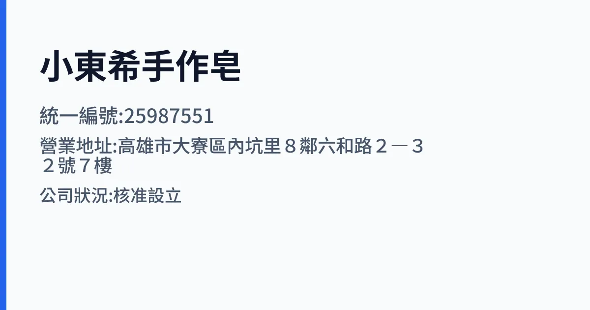 小東希手作皂 - 統編 25987551(高雄市) 公司登記資料與營業項目詳細圖表