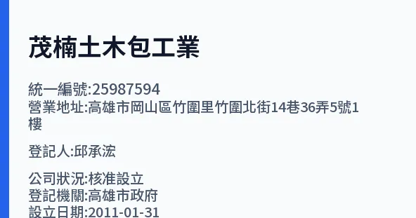 茂楠土木包工業的照片-統編 25987594(高雄市) 公司登記資料與營業項目詳細圖表