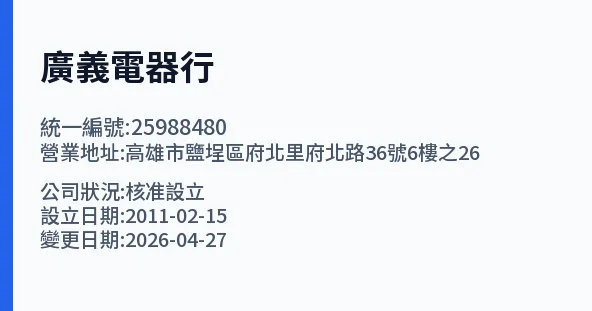 廣義電器行的照片-統編 25988480(高雄市) 公司登記資料與營業項目詳細圖表