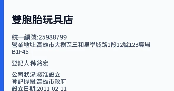 雙胞胎玩具店的照片-統編 25988799(高雄市) 公司登記資料與營業項目詳細圖表