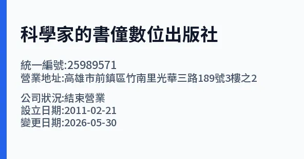 科學家的書僮數位出版社的照片-統編 25989571(高雄市) 公司登記資料與營業項目詳細圖表