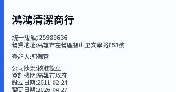 鴻鴻清潔商行的照片-統編 25989636(高雄市) 公司登記資料與營業項目詳細圖表