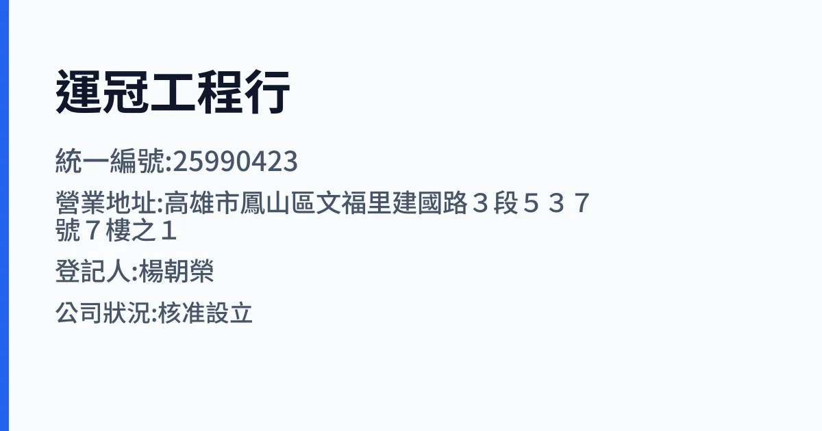 運冠工程行 - 統編 25990423(高雄市) 公司登記資料與營業項目詳細圖表