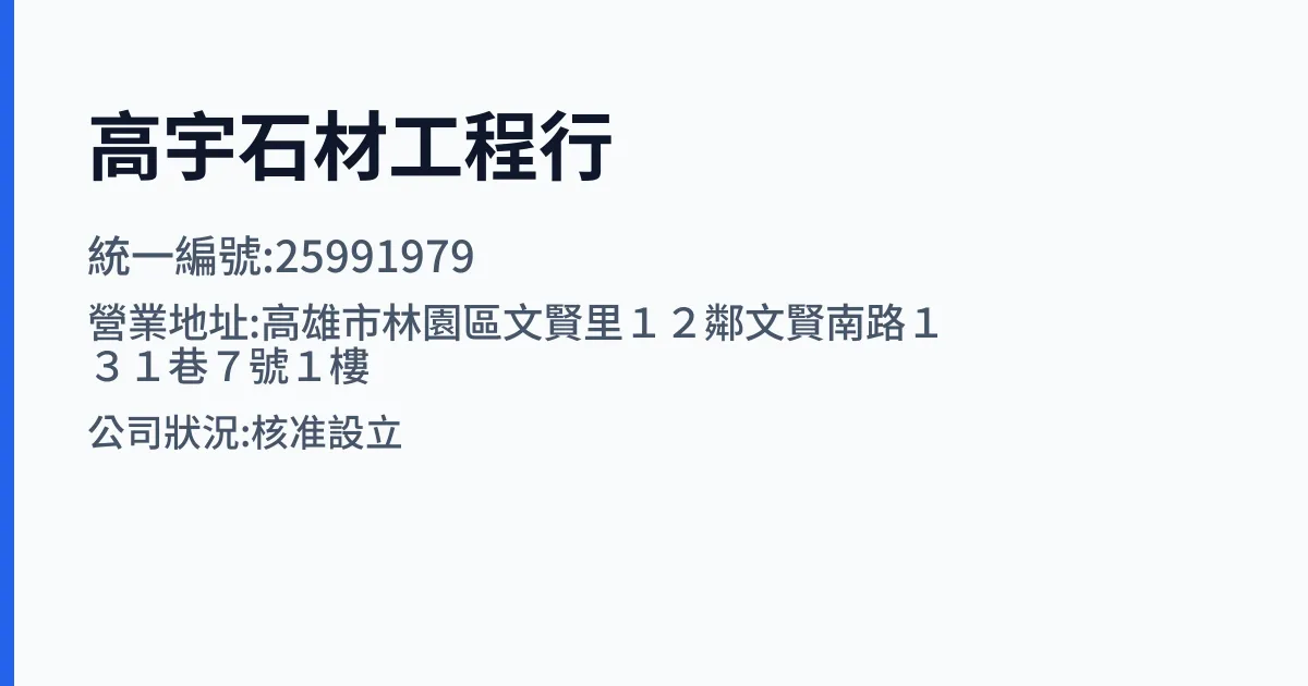 高宇石材工程行 - 統編 25991979(高雄市) 公司登記資料與營業項目詳細圖表
