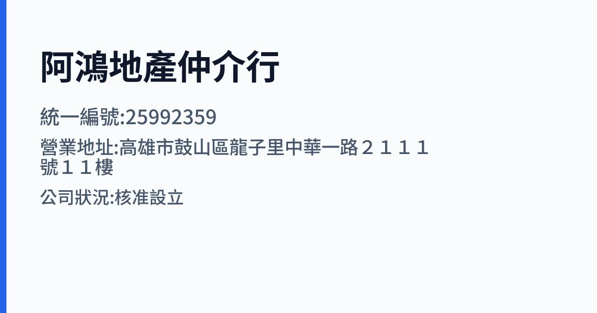 阿鴻地產仲介行 - 統編 25992359(高雄市) 公司登記資料與營業項目詳細圖表