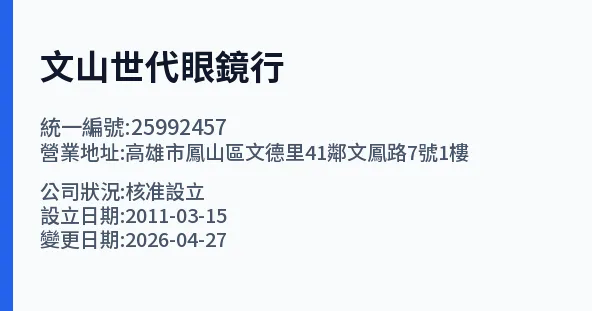 文山世代眼鏡行的照片-統編 25992457(高雄市) 公司登記資料與營業項目詳細圖表