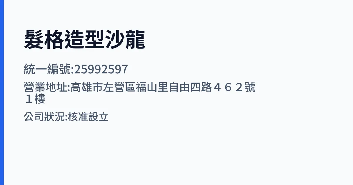 髮格造型沙龍 - 統編 25992597(高雄市) 公司登記資料與營業項目詳細圖表