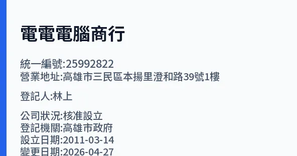 電電電腦商行的照片-統編 25992822(高雄市) 公司登記資料與營業項目詳細圖表