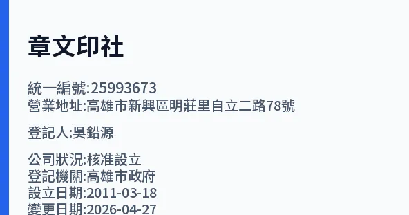 章文印社的照片-統編 25993673(高雄市) 公司登記資料與營業項目詳細圖表