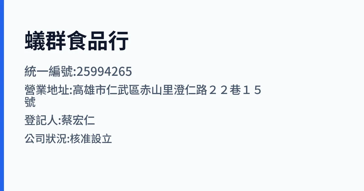 蟻群食品行 - 統編 25994265(高雄市) 公司登記資料與營業項目詳細圖表