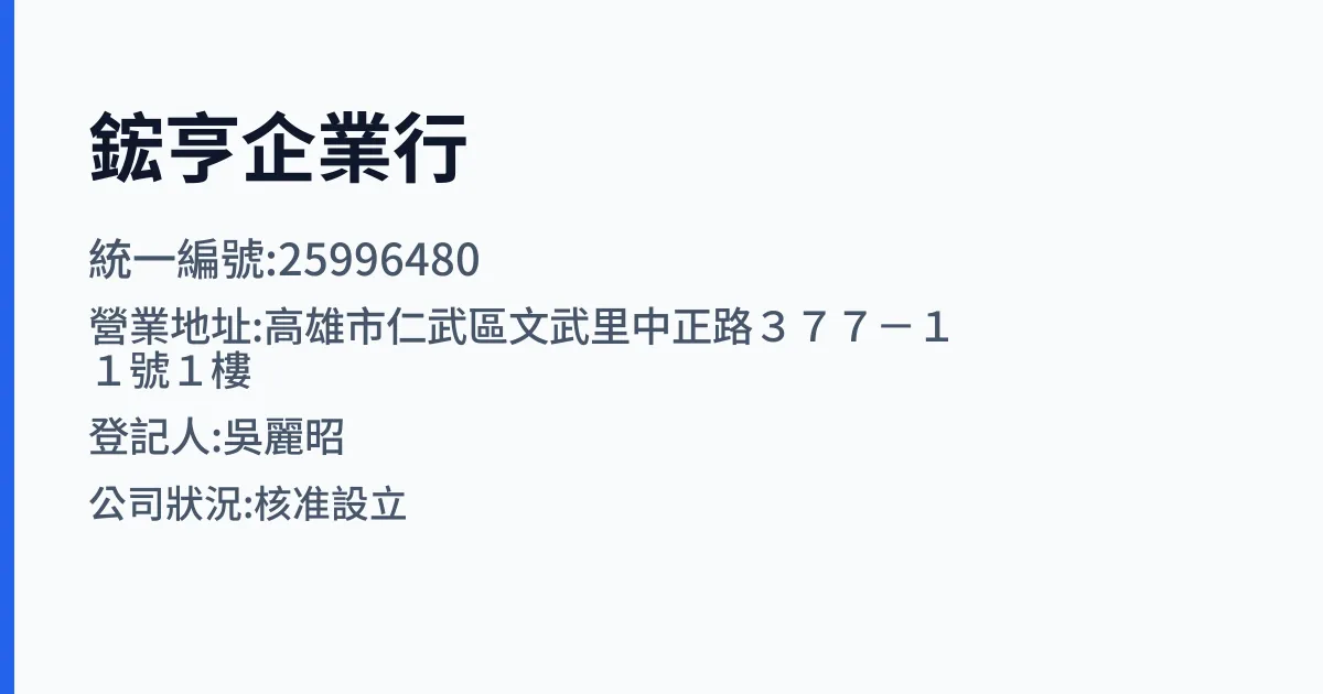 鋐亨企業行 - 統編 25996480(高雄市) 公司登記資料與營業項目詳細圖表
