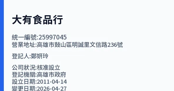 大有食品行的照片-統編 25997045(高雄市) 公司登記資料與營業項目詳細圖表