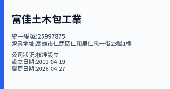 富佳土木包工業的照片-統編 25997875(高雄市) 公司登記資料與營業項目詳細圖表