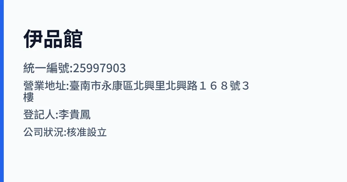 伊品館 - 統編 25997903(臺南市) 公司登記資料與營業項目詳細圖表