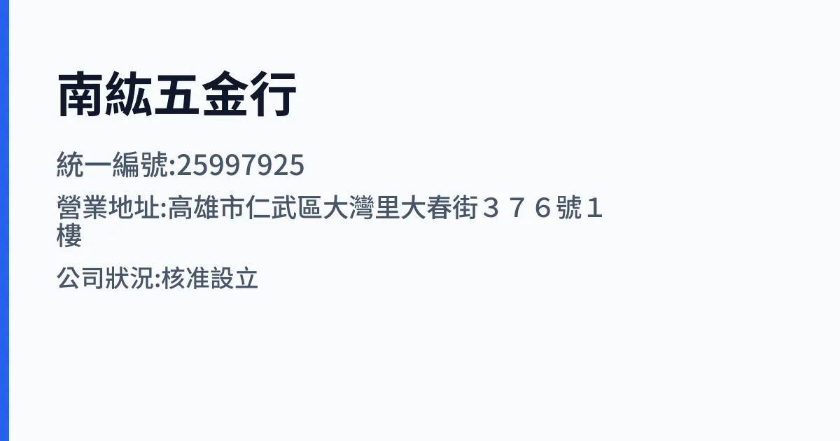 南紘五金行 - 統編 25997925(高雄市) 公司登記資料與營業項目詳細圖表