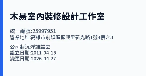 木昜室內裝修設計工作室的照片-統編 25997951(高雄市) 公司登記資料與營業項目詳細圖表
