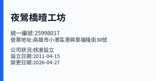 夜鶯橋曀工坊的照片-統編 25998017(高雄市) 公司登記資料與營業項目詳細圖表