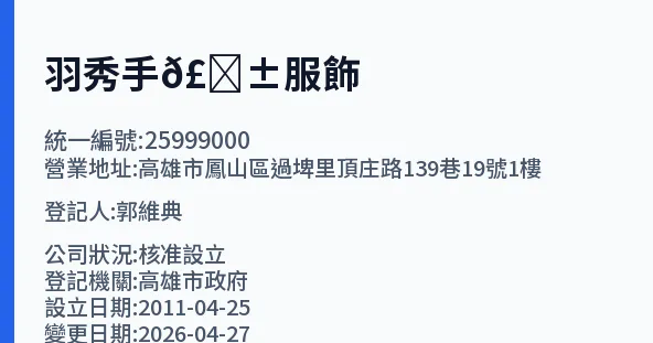 羽秀手𣑱服飾的照片-統編 25999000(高雄市) 公司登記資料與營業項目詳細圖表