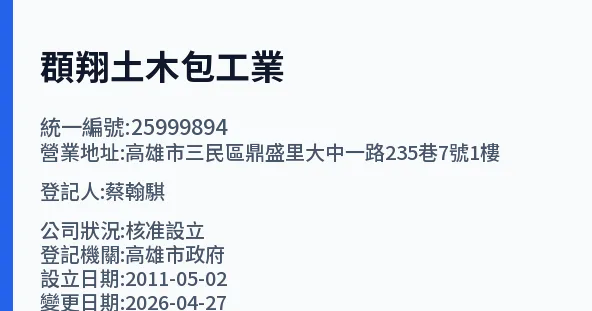 頵翔土木包工業的照片-統編 25999894(高雄市) 公司登記資料與營業項目詳細圖表
