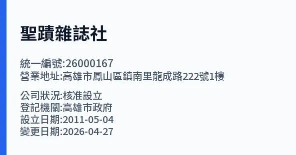 聖蹟雜誌社的照片-統編 26000167(高雄市) 公司登記資料與營業項目詳細圖表