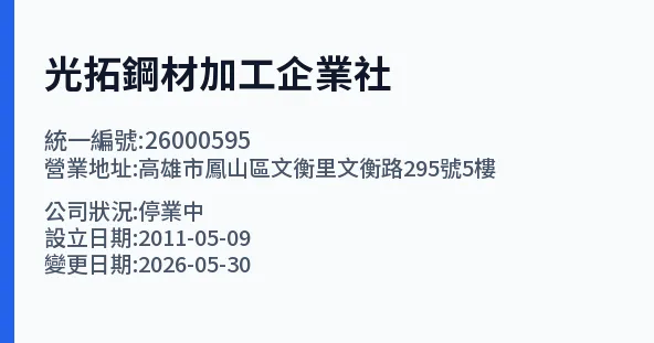 光拓鋼材加工企業社的照片-統編 26000595(高雄市) 公司登記資料與營業項目詳細圖表
