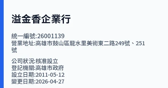 溢金香企業行的照片-統編 26001139(高雄市) 公司登記資料與營業項目詳細圖表
